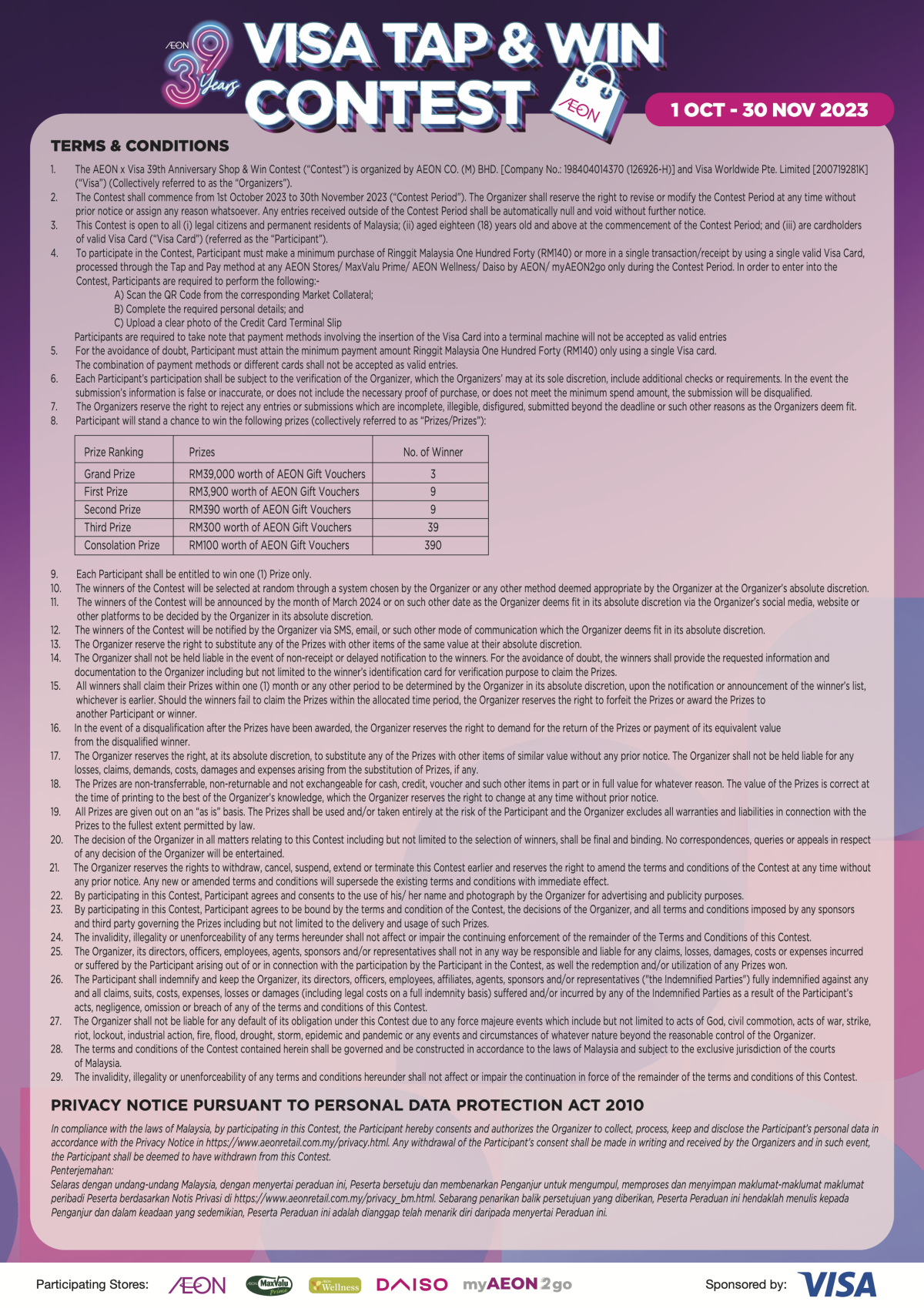 AEON 39th Anniversary Visa Tap & Win Contest - AEON CO. (M) BHD.
