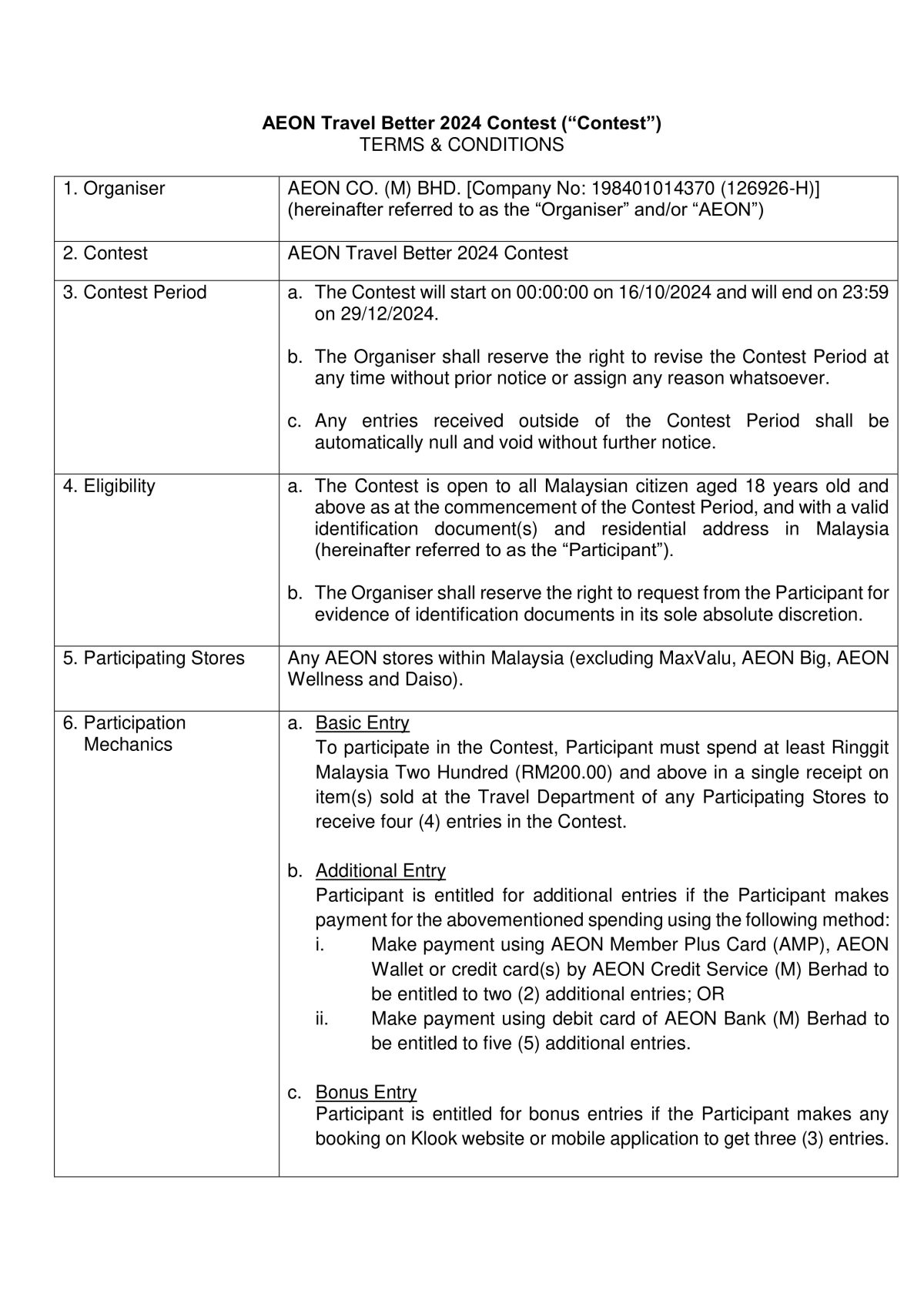 AEON Travel Better T&C - AEON CO. (M) BHD.