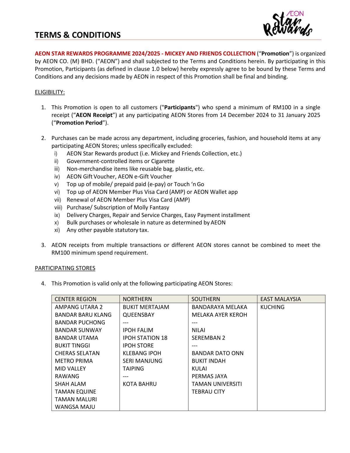 Disney Mini Star Rewards T&C - AEON CO. (M) BHD.